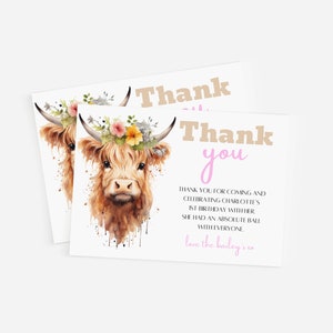 Editable Highland Cow Thank You Card, Birthday Thank You Card Printable ...