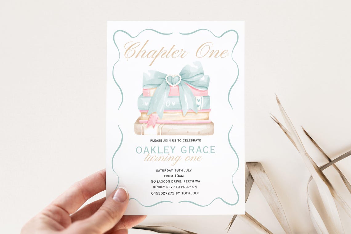 Chapter One First Birthday Invitation, Pink and Blue Book Lovers Invite ...