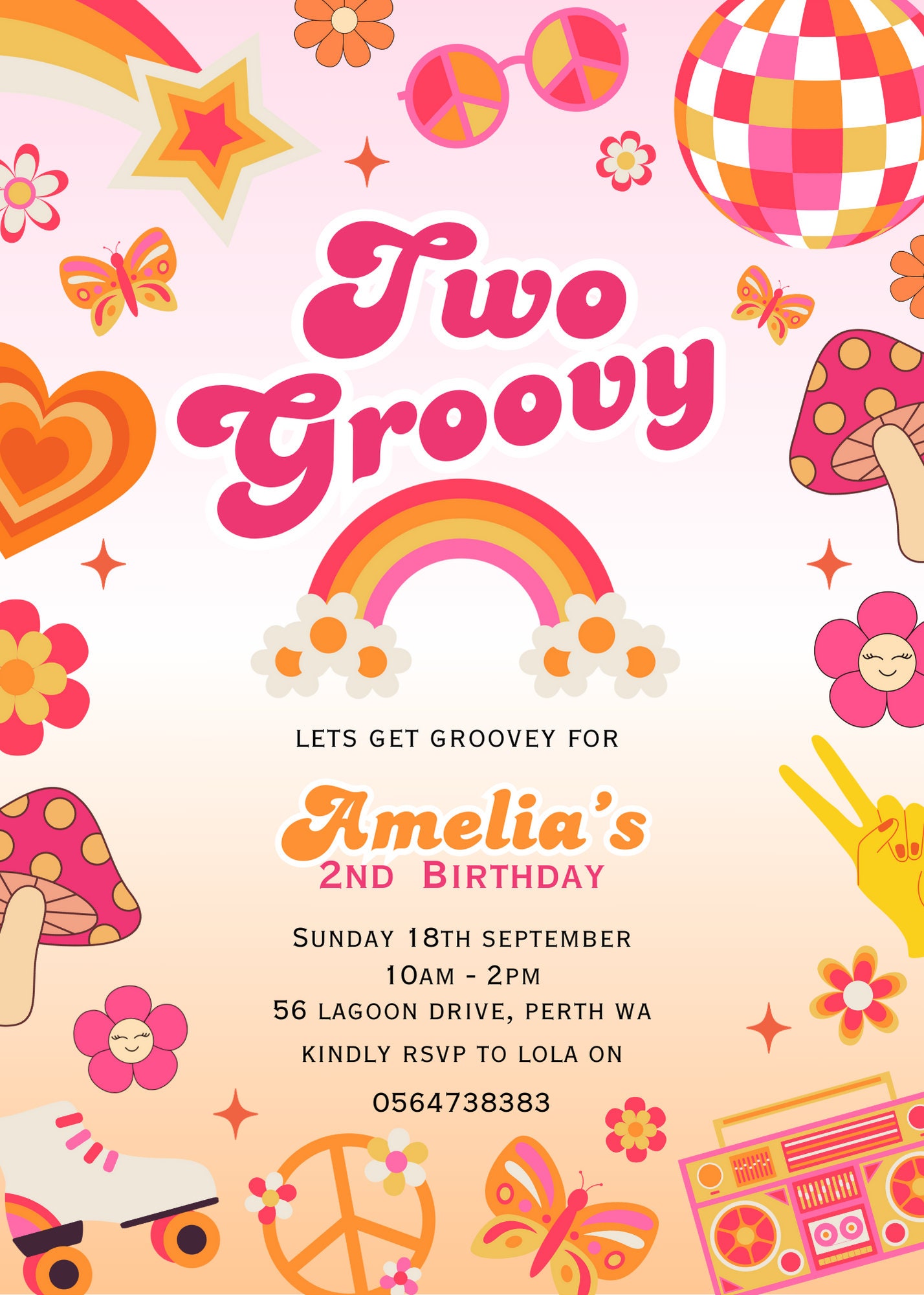 Editable Two Groovy Birthday Party Invitation, Groovy One Party Invite ...