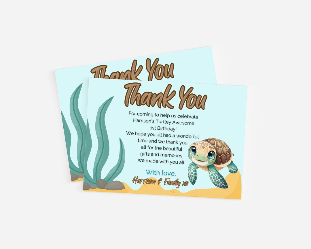 Editable Turtley Awesome First Birthday Party Thank You Card - Etsy