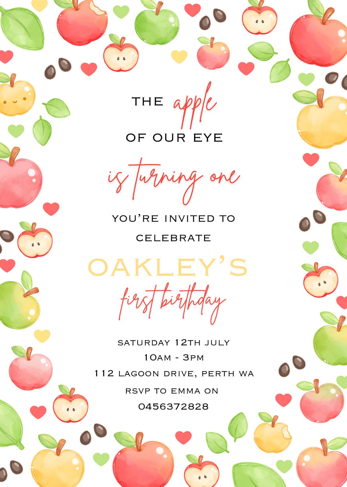 Editable the Apple of Our Eye First Birthday Invitation, Cute Apples ...