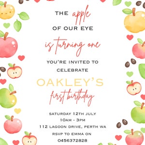 Editable the Apple of Our Eye First Birthday Invitation, Cute Apples ...