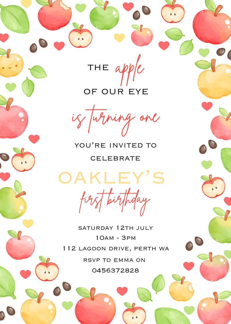 Editable the Apple of Our Eye First Birthday Invitation, Cute Apples ...