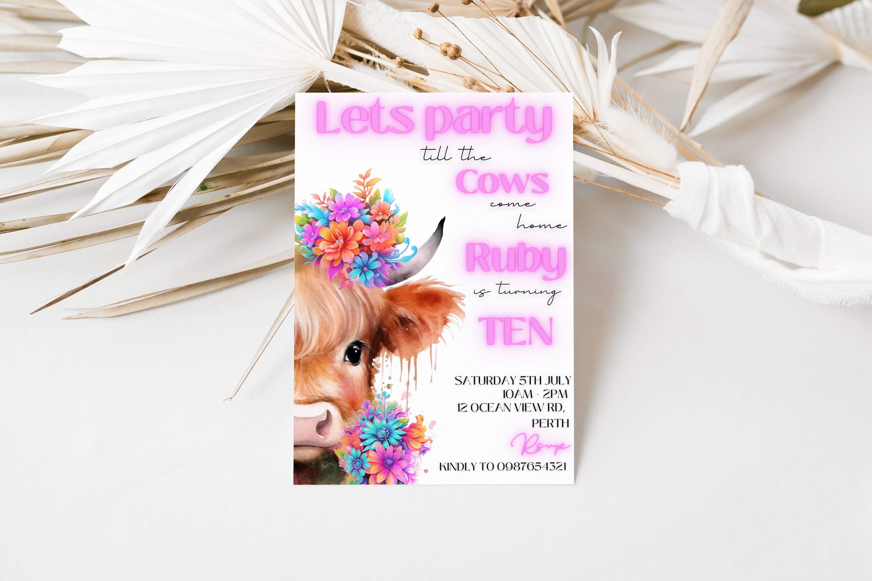 Neon Highland Cow Birthday Party Invitation, Pink Party Printables ...