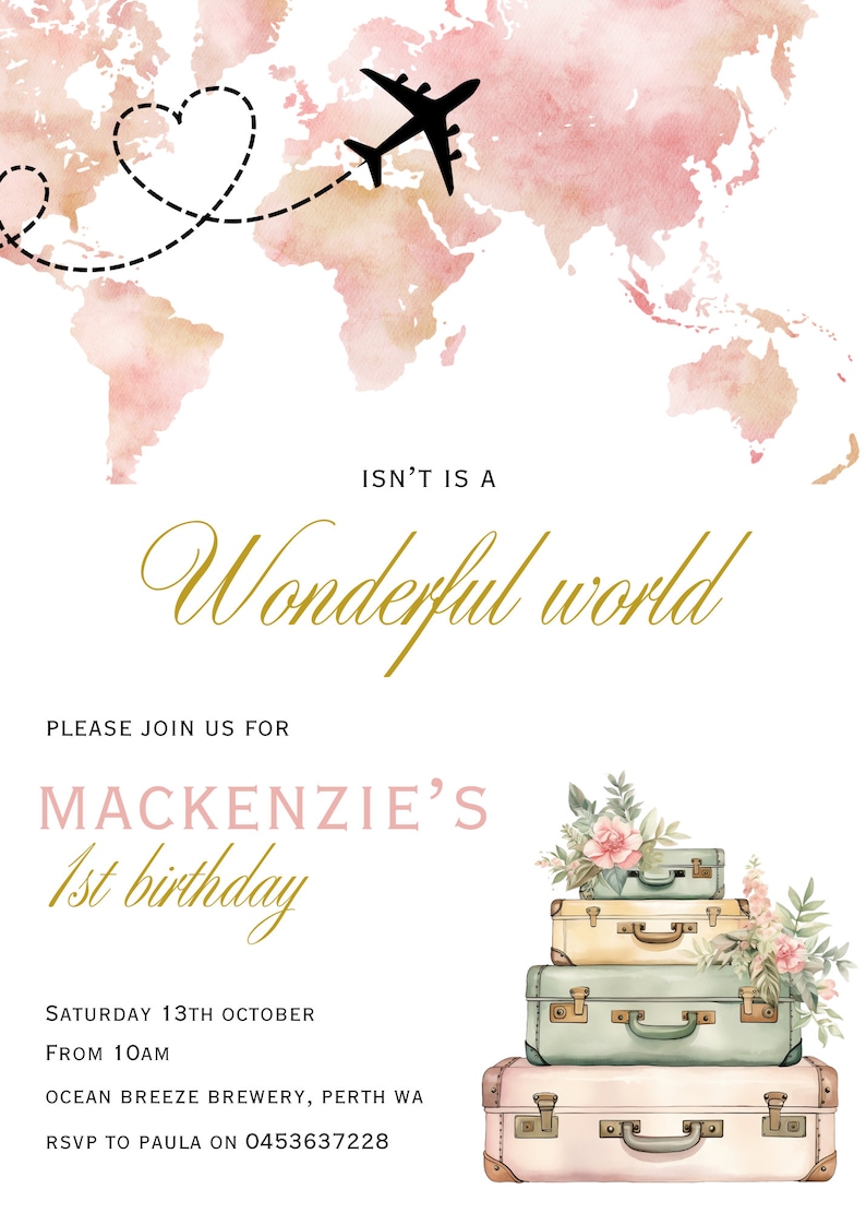 Editable Onderful World Girls First Birthday Travel Invitation ...