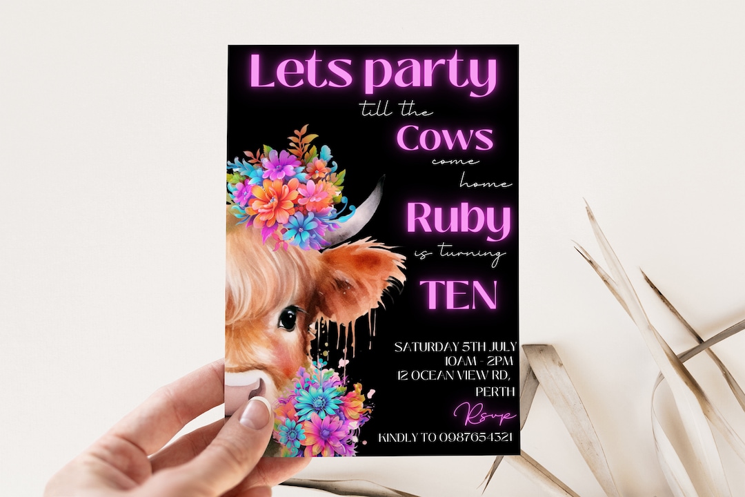 Editable Neon Highland Cow Birthday Party Invitation, Pink Party ...