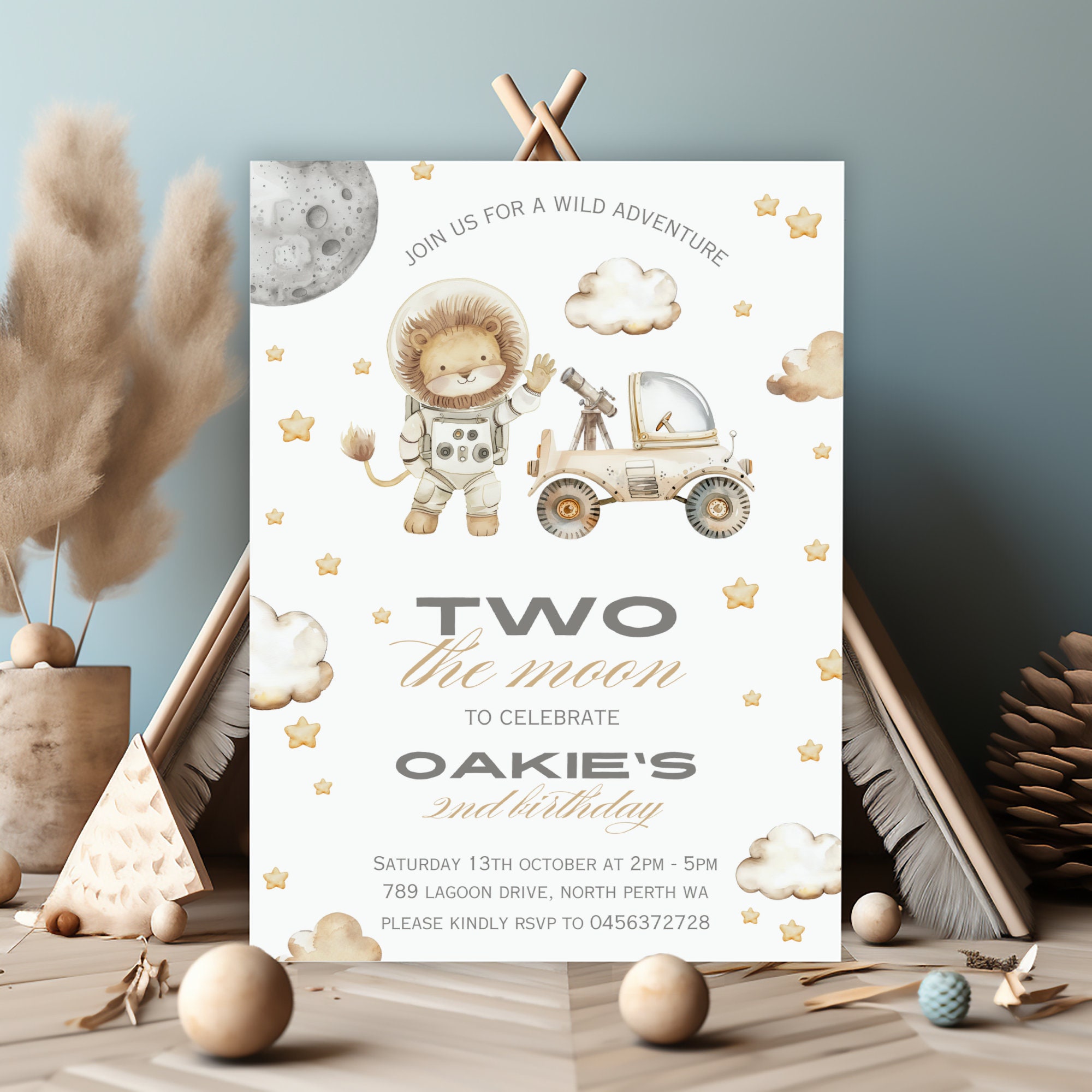 Two the Moon Birthday Party Invitation, Safari Animals Astronaut Party ...