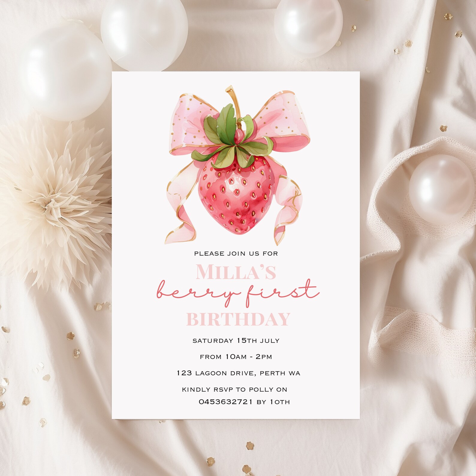 Strawberry First Birthday Invitation, Pink Bow Invite, Berry First ...
