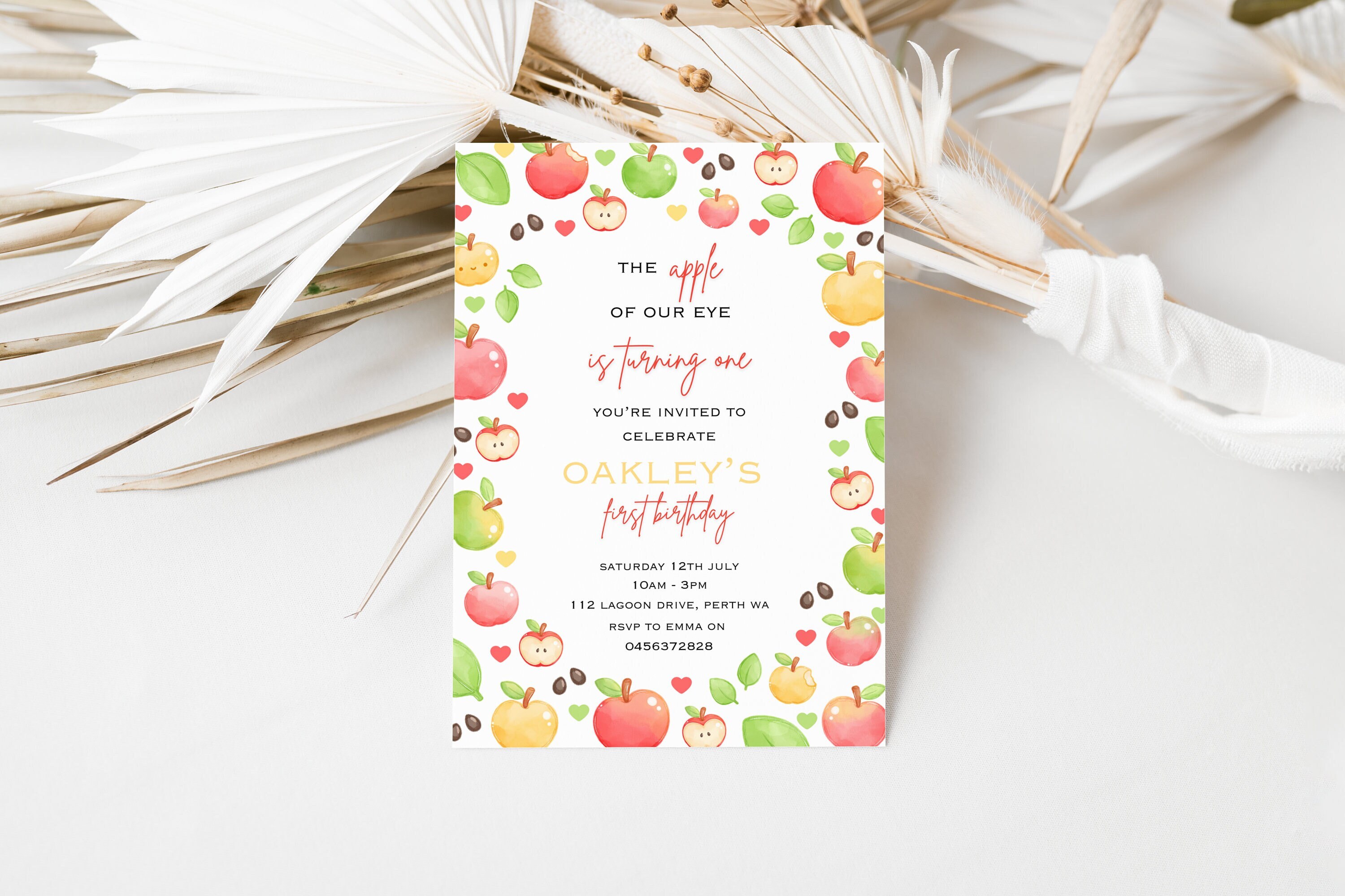 Editable the Apple of Our Eye First Birthday Invitation, Cute Apples ...