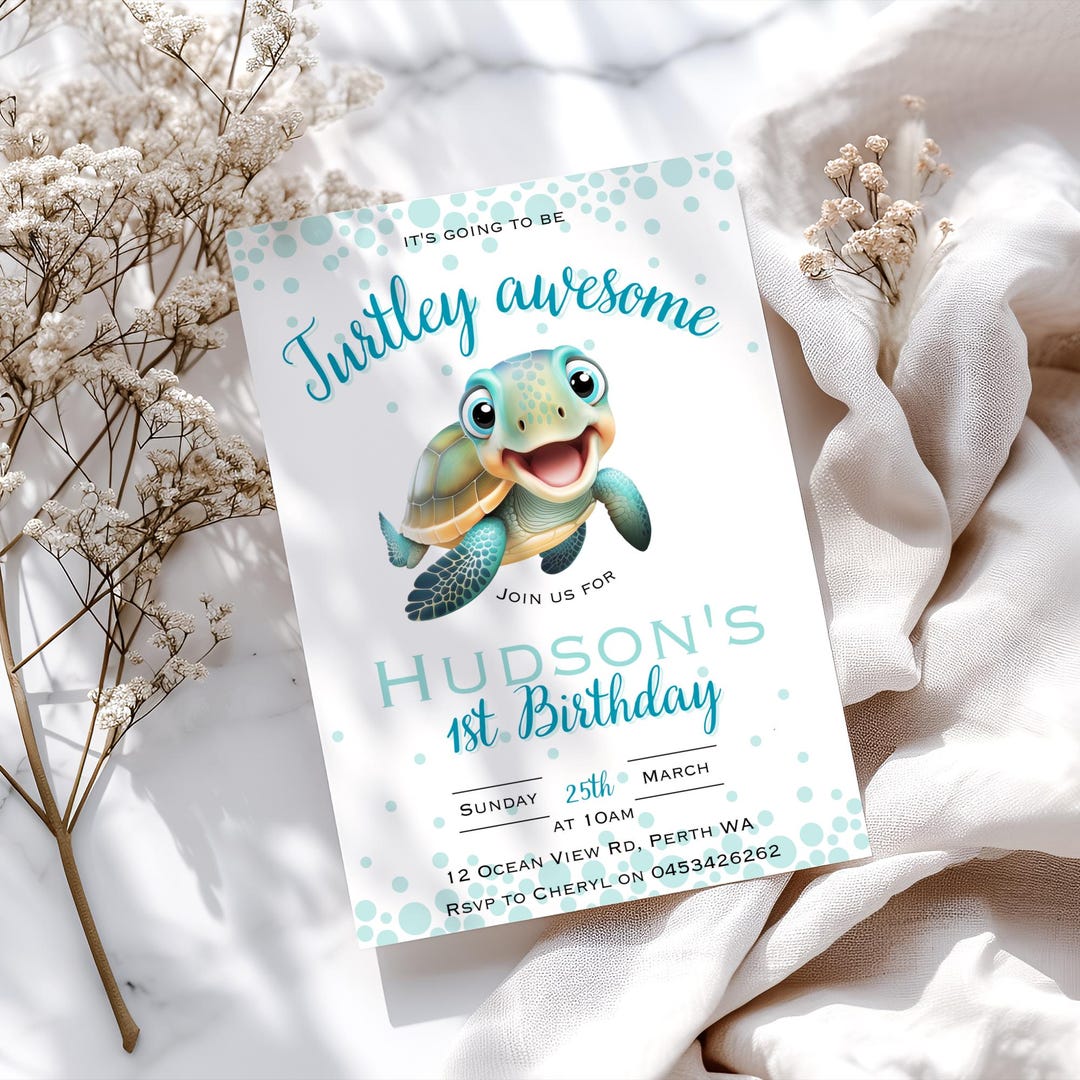 Turtle Birthday Invitation, Turtley Awesome Party, Boy's First Birthday ...