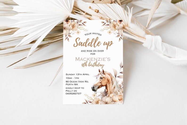 Editable Pretty Horse and Flowers Birthday Invitation, Saddle up and Ride on Over, Cowgirl and ...