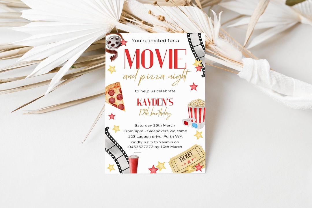 Pizza and Movie Night Birthday Party Invitation, Popcorn and Movie ...