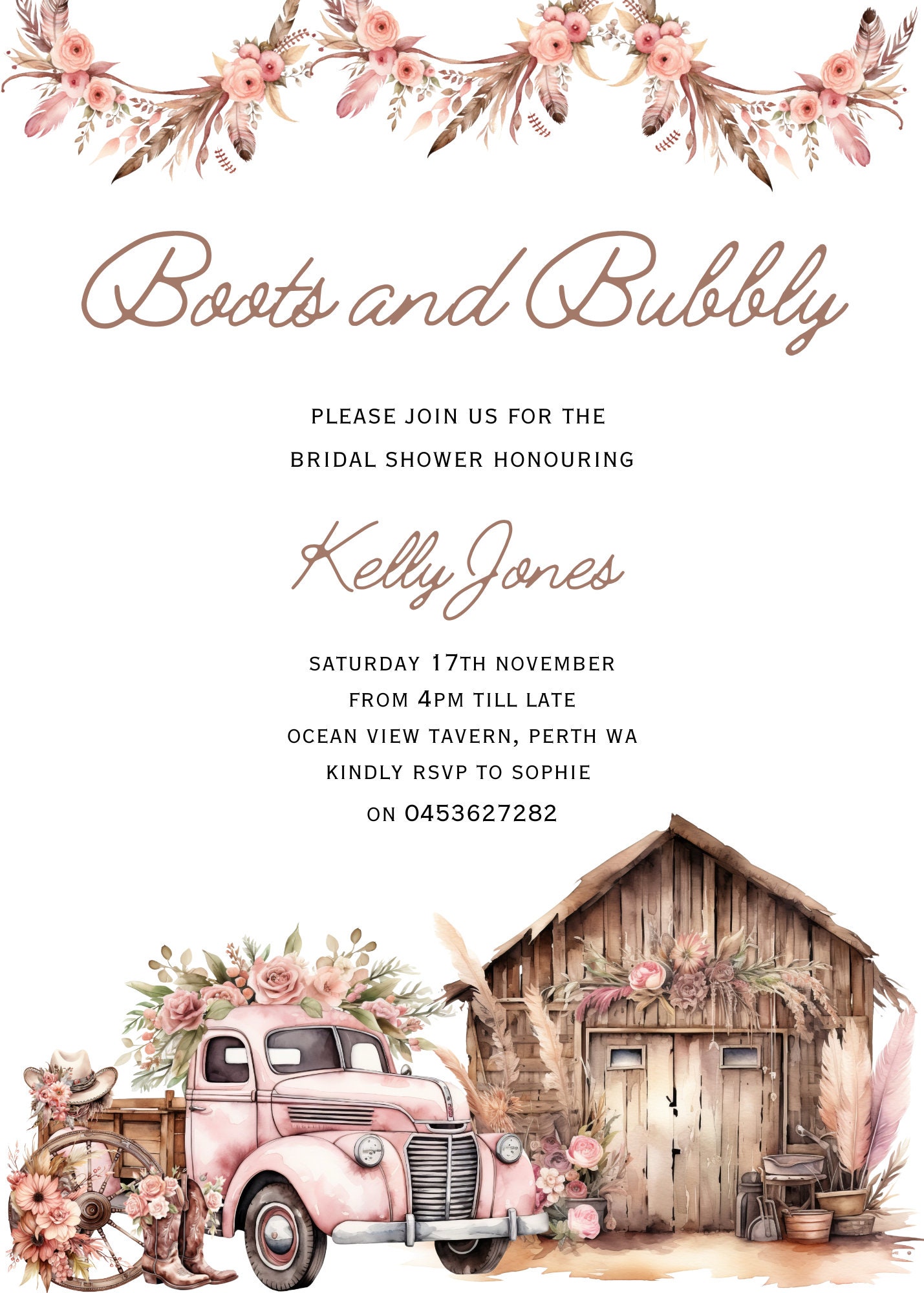 Editable Boots and Bubbly Country Bridal Shower Invitation, Country ...