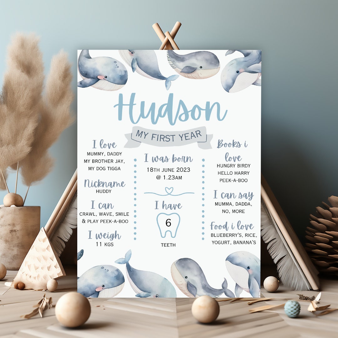 Whale First Birthday Milestone Board, Boys Whale Birthday Party ...