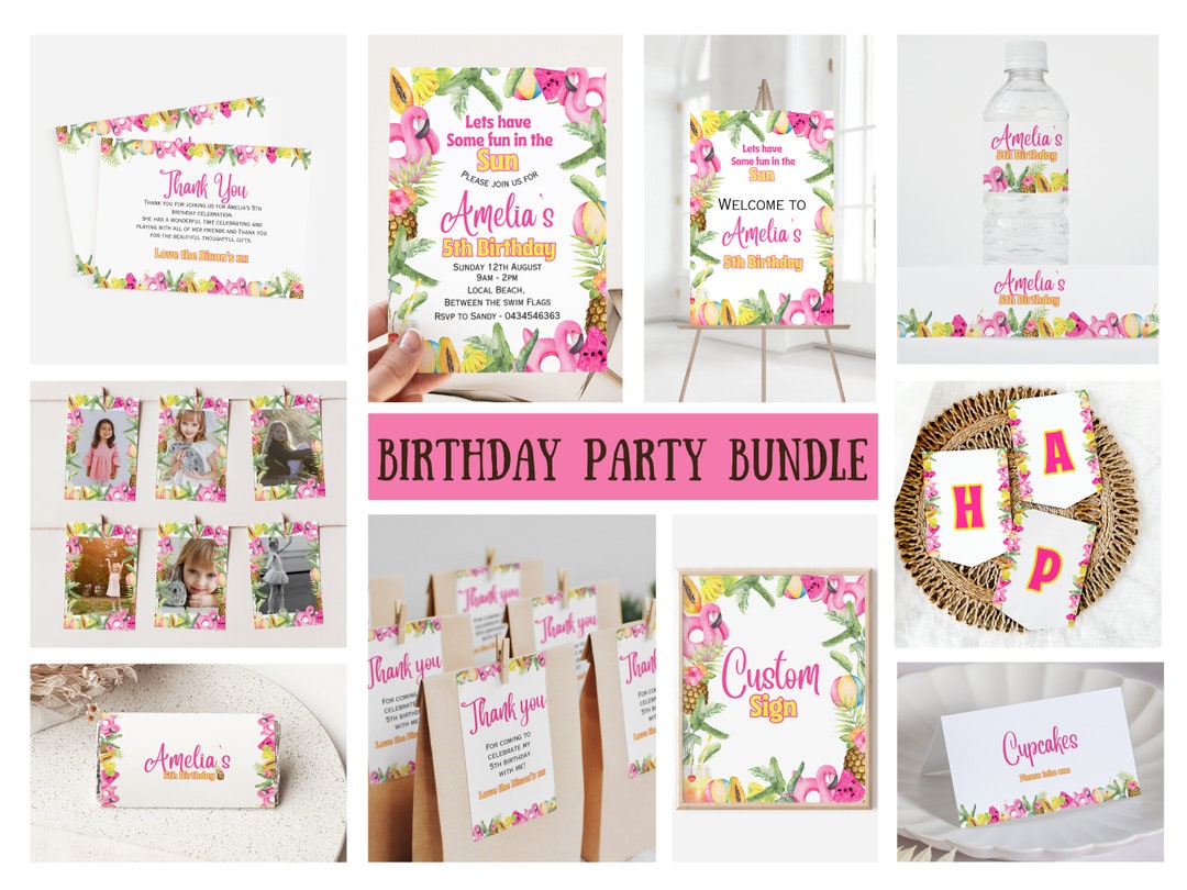 Editable Pool Party Bundle Tropical Party Bundle Flamingo Birthday ...