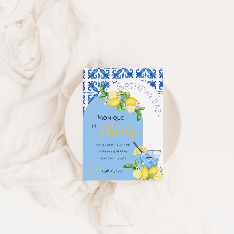 Editable Lemon Birthday Party Invitation Blue Positano Tile Invitation ...