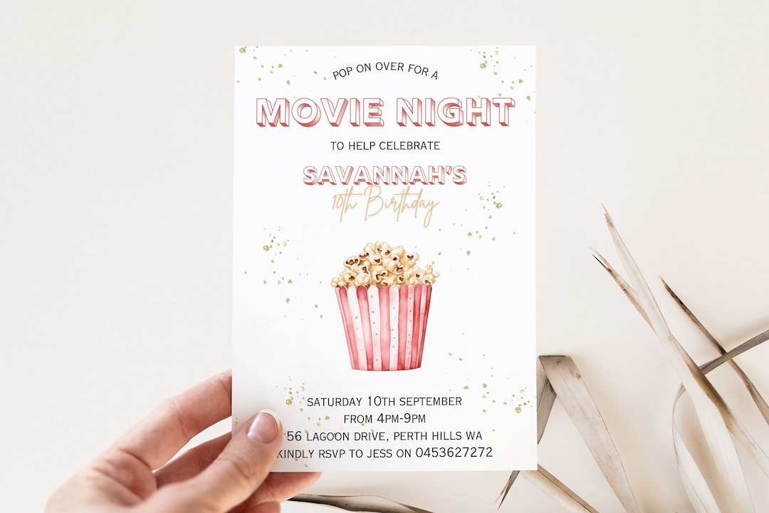 Editable Movie Night Birthday Party Invitation, Popcorn and Movie Girls ...