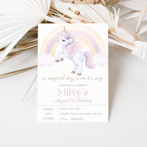Unicorn and Rainbow Magical First Birthday Invitation, Pastel Unicorn ...