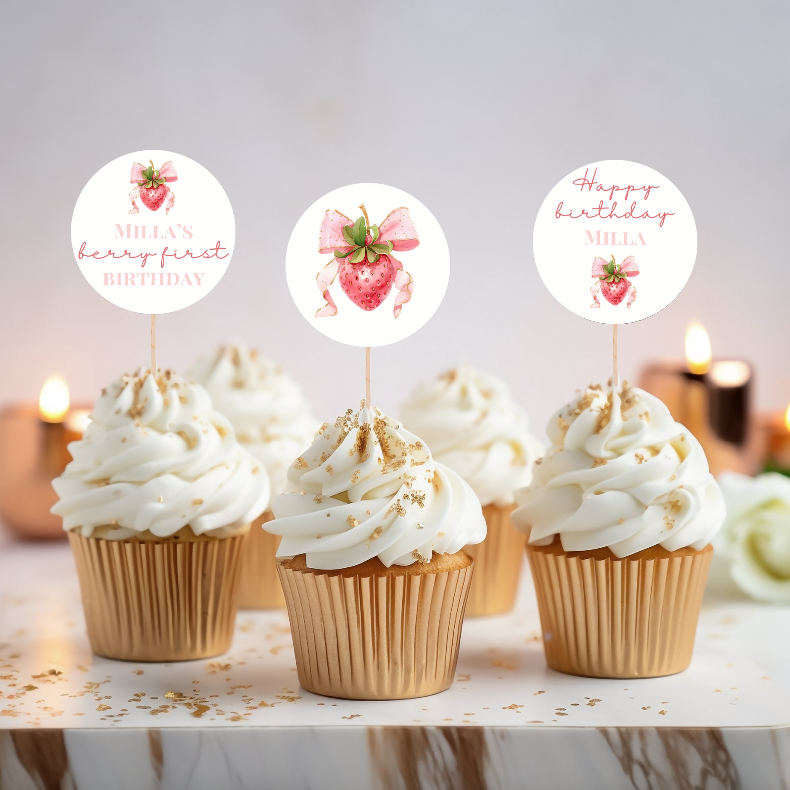 Strawberry Cupcake Toppers, Berry First Birthday Cupcake Topper, Pink ...