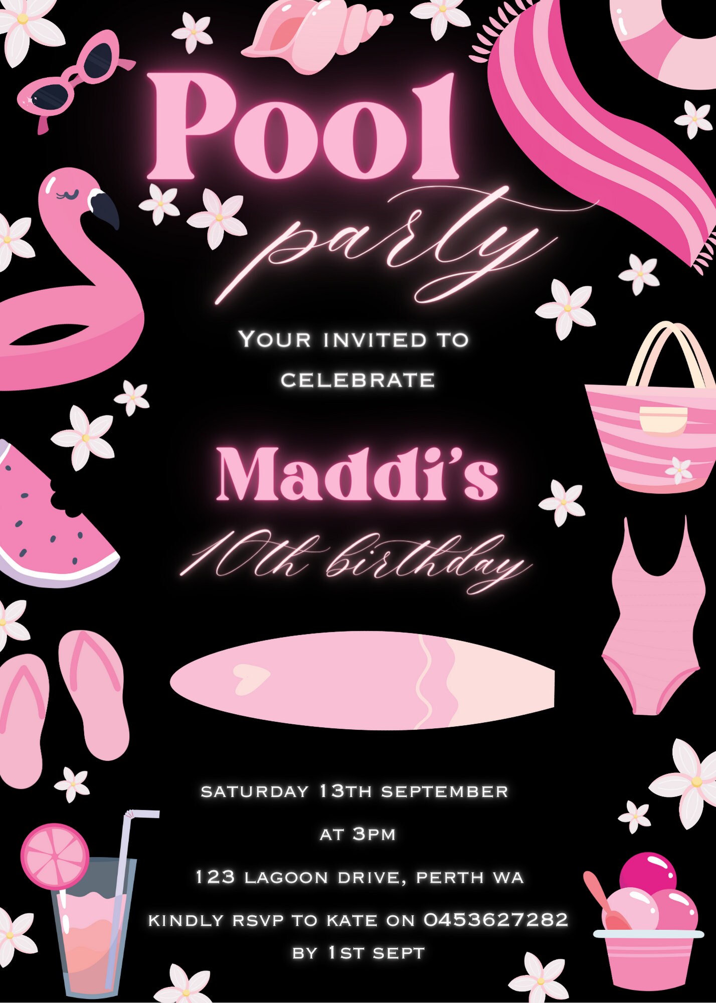 Neon Pool Party Birthday Invitation, Summer Party Invite, Girl's 10th ...