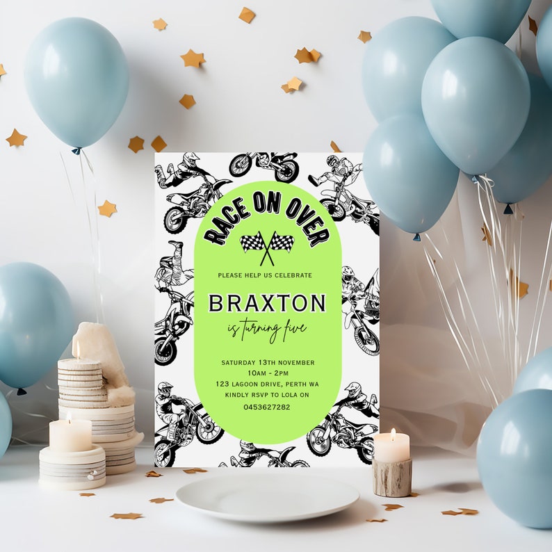 Dirt Bike Racing Birthday Invitation, Motorbike Racer Party Invite ...