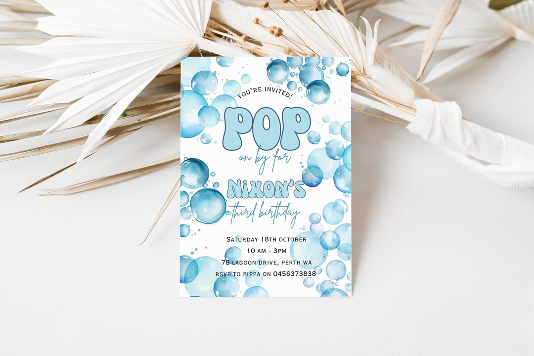 Editable Bubbles Birthday Invitation, Pop on by Birthday Party Invite ...