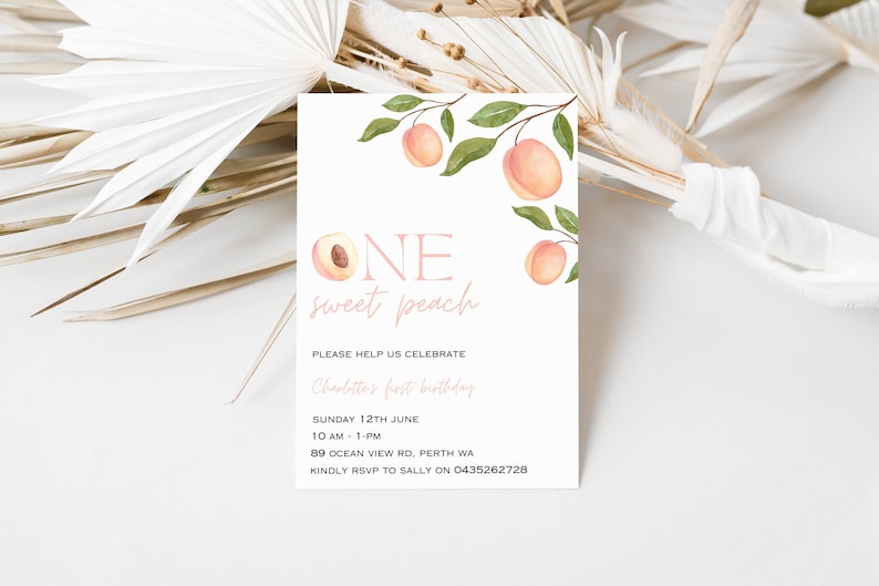 Editable a Sweet Little Peach is Turning One Birthday Invitation Girls First Birthday Party ...