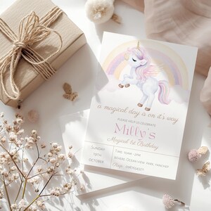 Unicorn and Rainbow Magical First Birthday Invitation, Pastel Unicorn ...