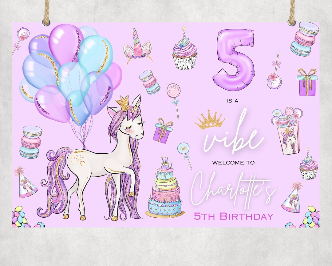 Five is a Vibe Birthday Party Backdrop Banner, Purple Unicorn and ...