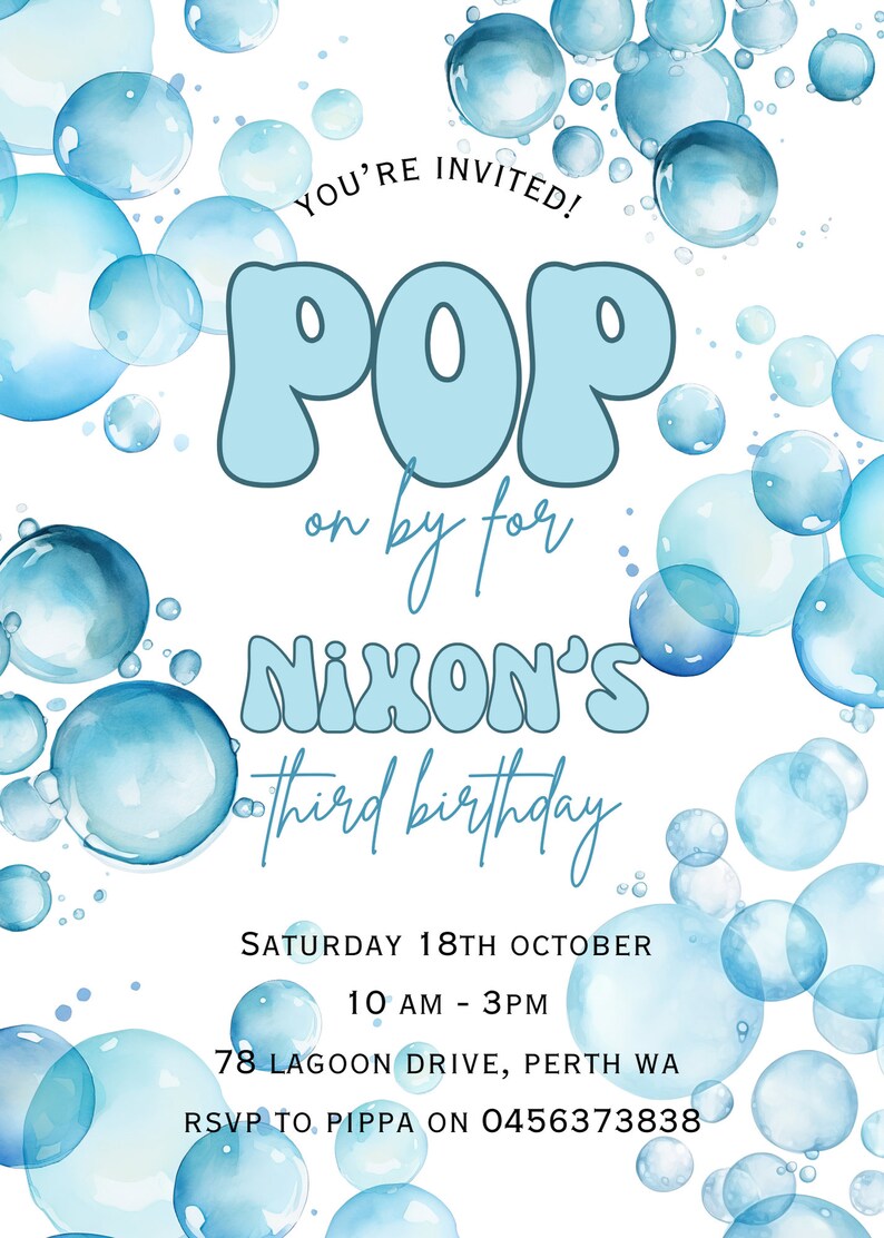 Editable Bubbles Birthday Invitation, Pop on by Birthday Party Invite ...