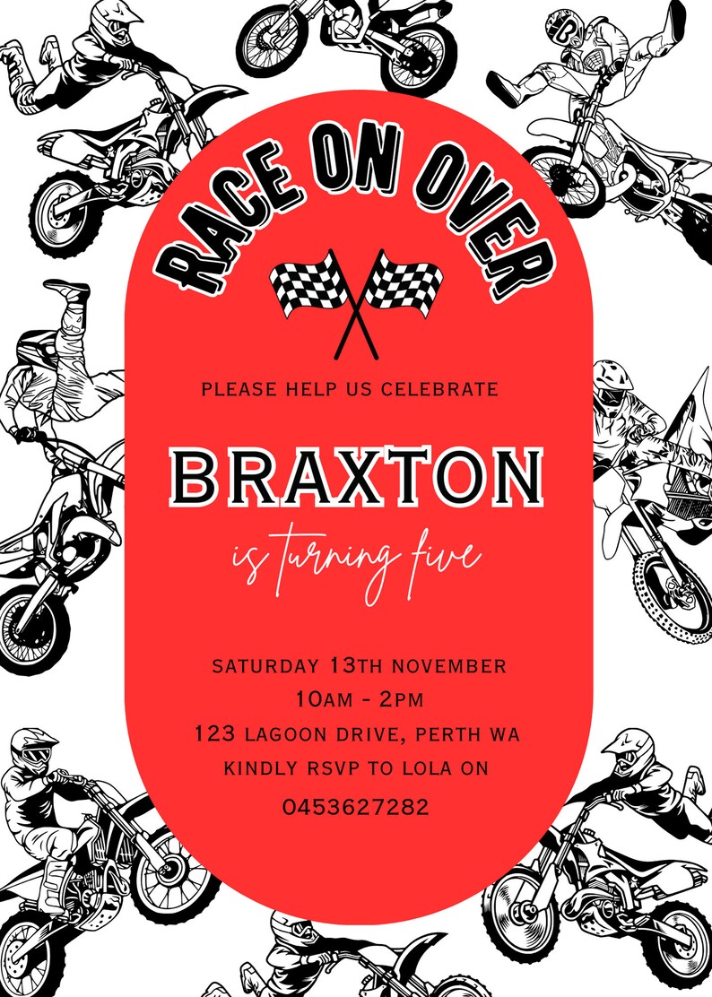 Dirt Bike Racing Birthday Invitation, Motorbike Racer Party Invite ...