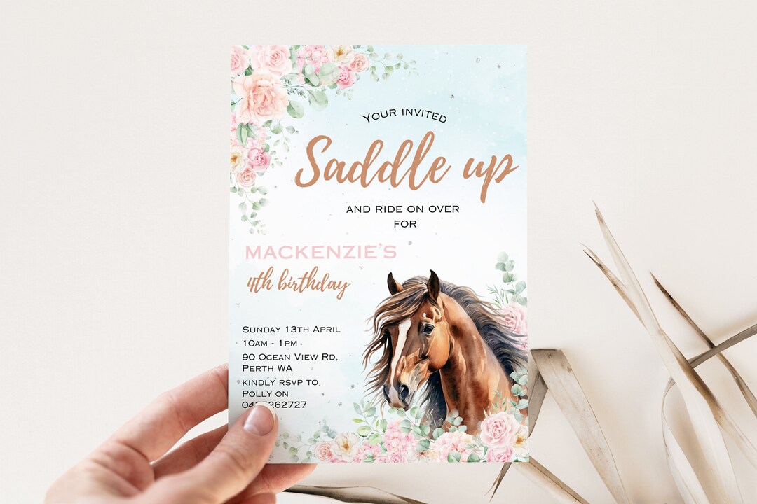 Editable Pretty Horse and Flowers Birthday Invitation, Saddle up and ...