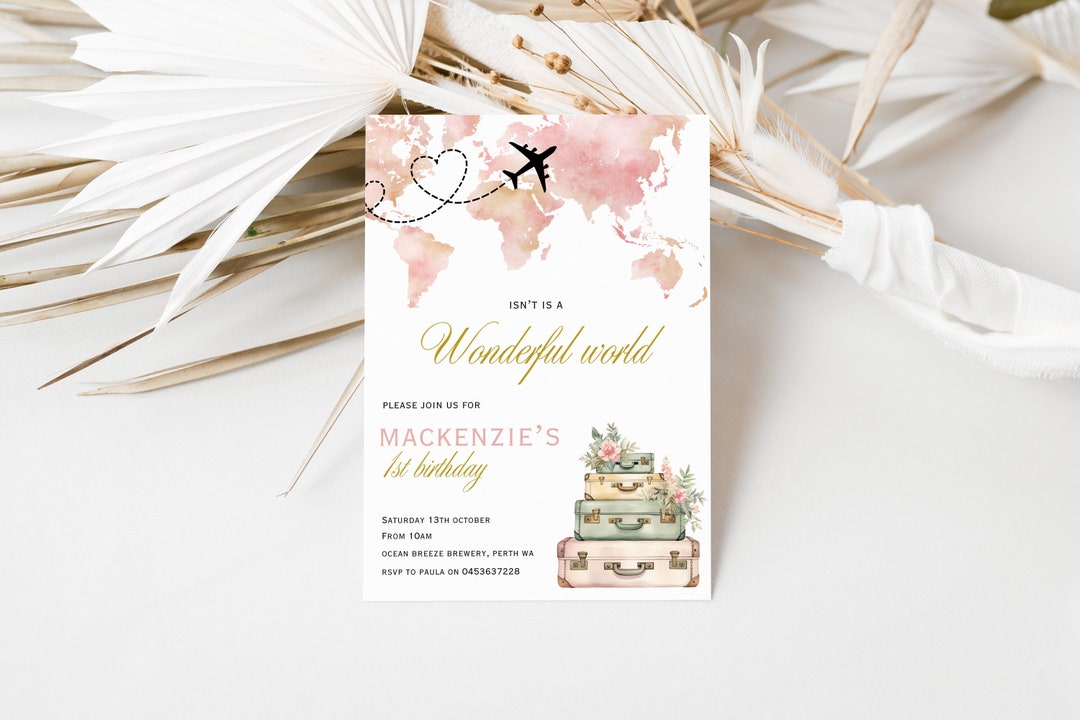 Editable Onderful World Girls First Birthday Travel Invitation ...