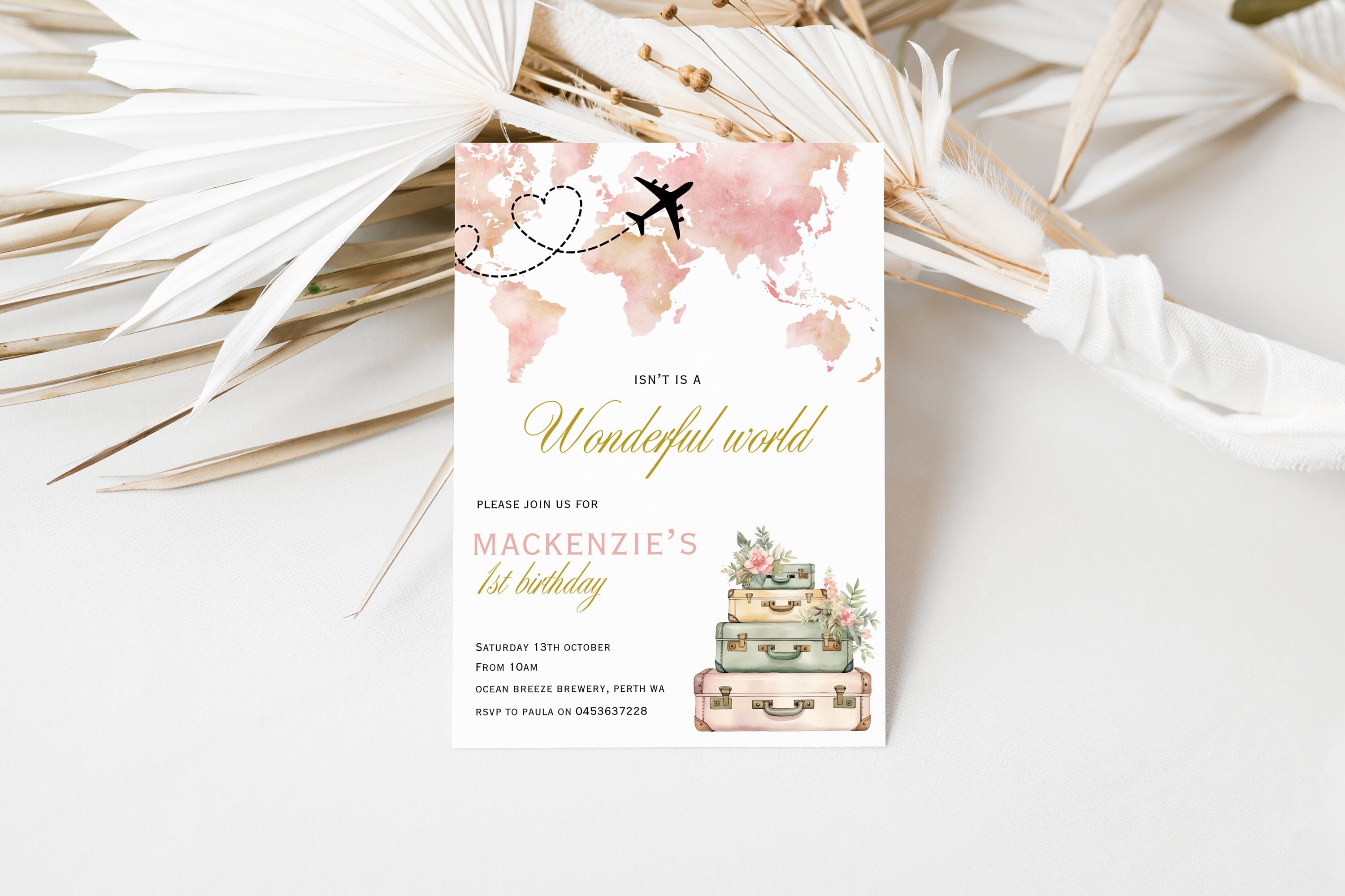 Editable Onderful World Girls First Birthday Travel Invitation ...