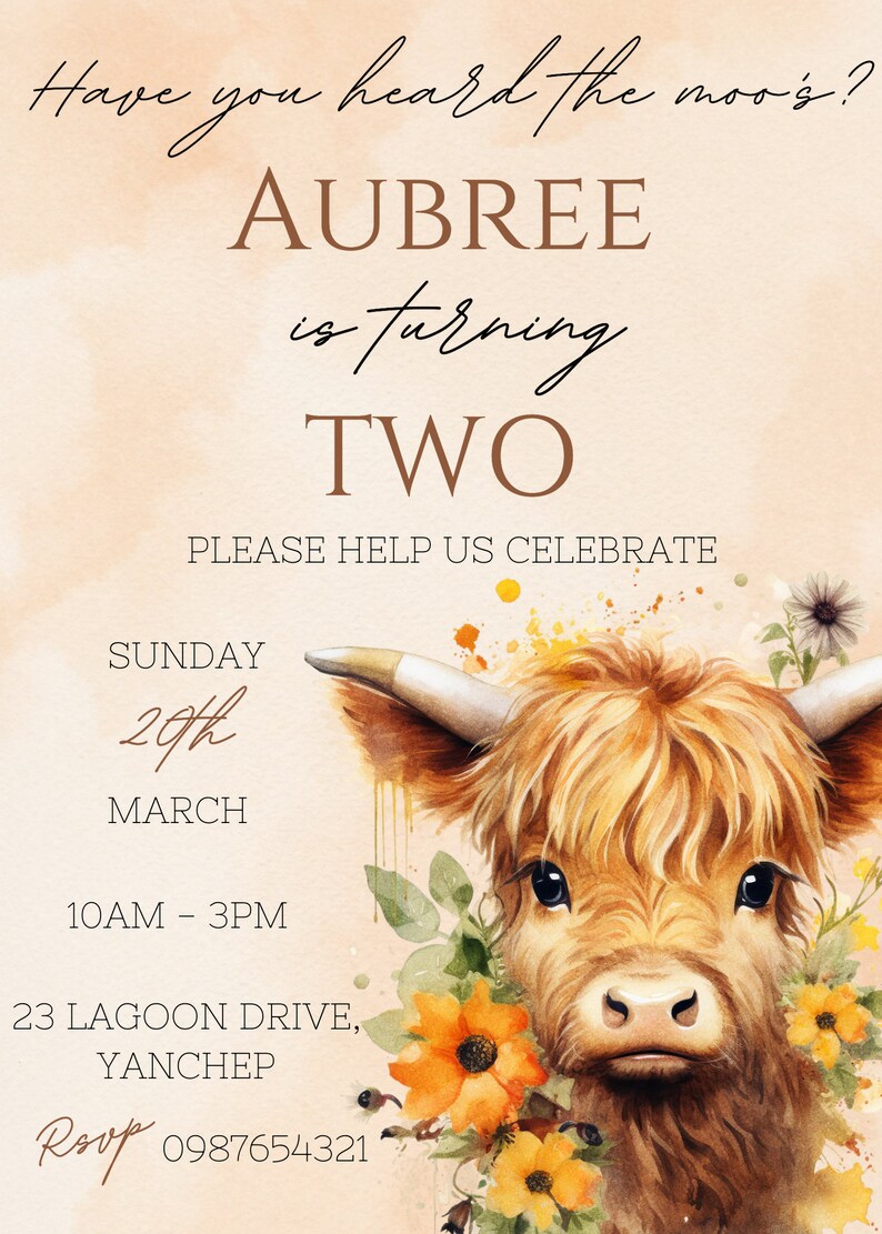 Editable Highland Cow Birthday Invitation Holy Cow Invitation Girls ...