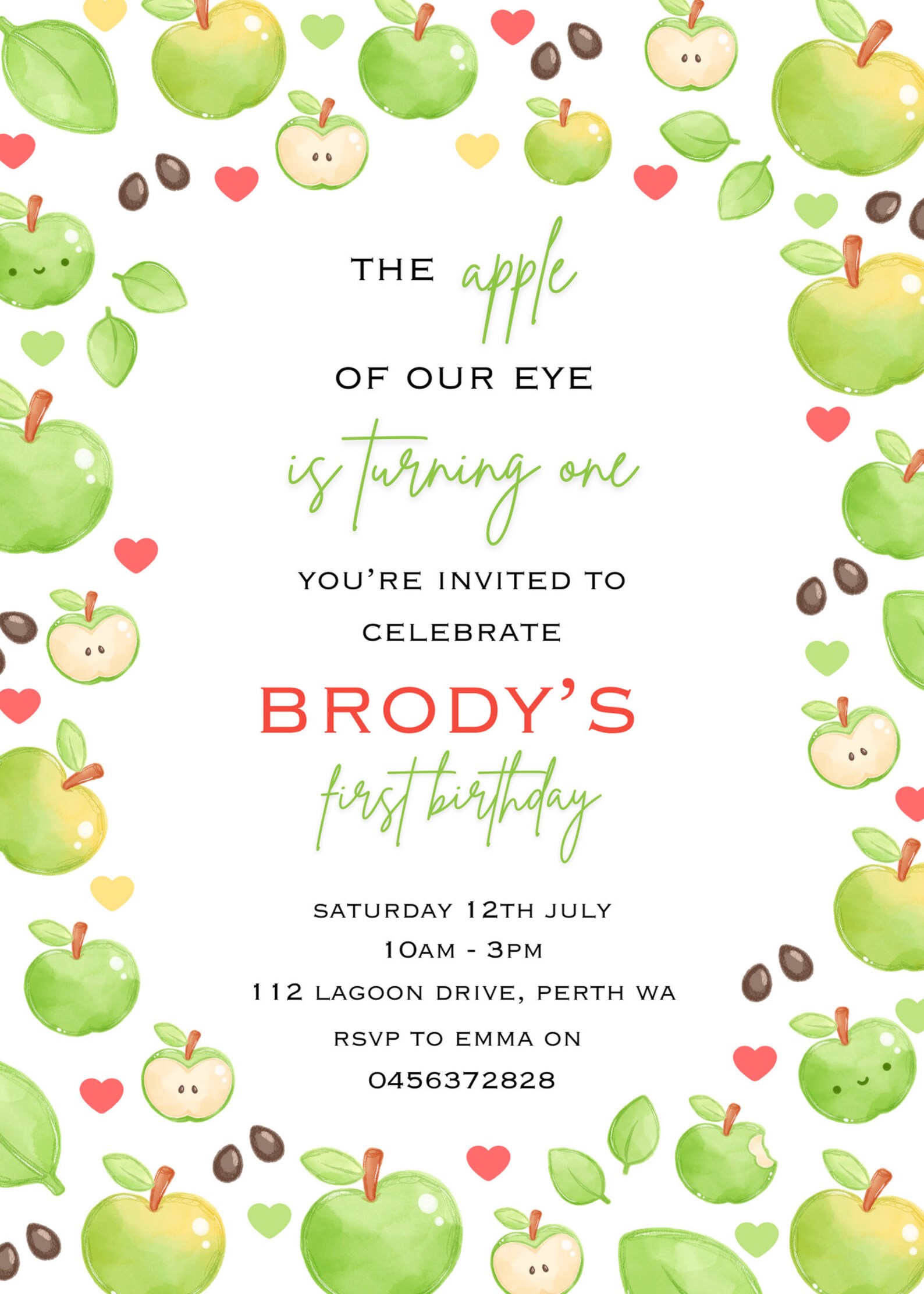Editable the Apple of Our Eye First Birthday Invitation, Cute Apples ...