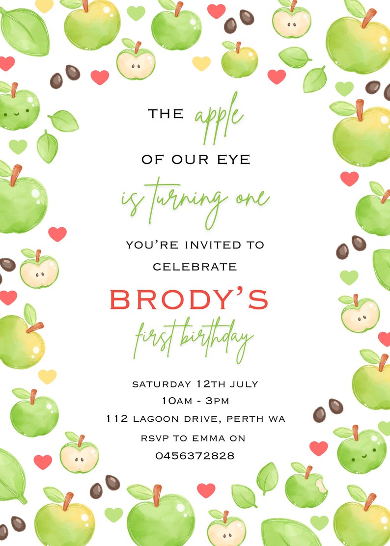 Editable the Apple of Our Eye First Birthday Invitation, Cute Apples ...