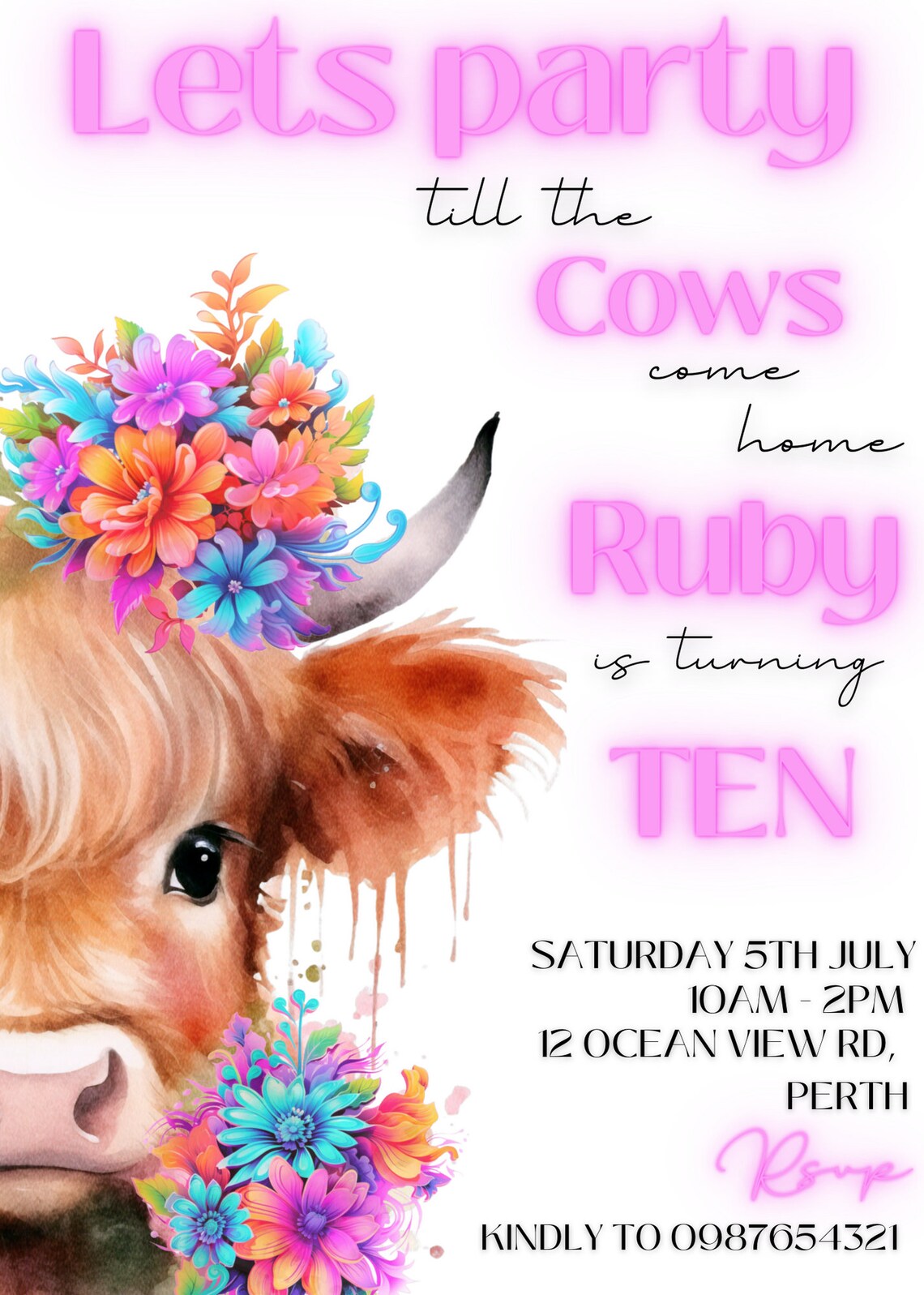 Neon Highland Cow Birthday Party Invitation, Pink Party Printables ...