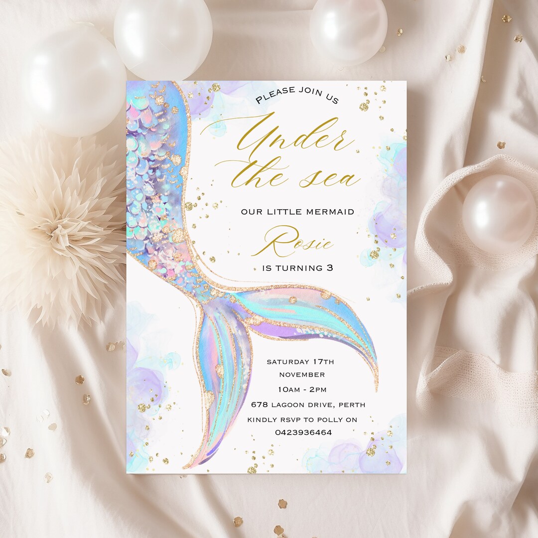 Mermaid Birthday Party Invitation, Under the Sea Mermaid Birthday Party ...