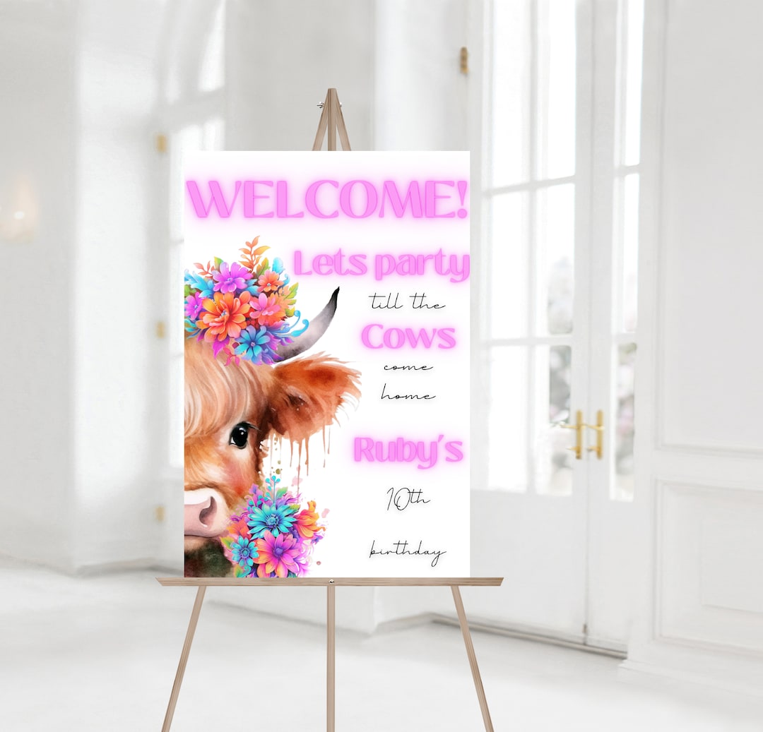 Highland Cow Neon Welcome Board, Highland Cow and Flowers Welcome Sign ...