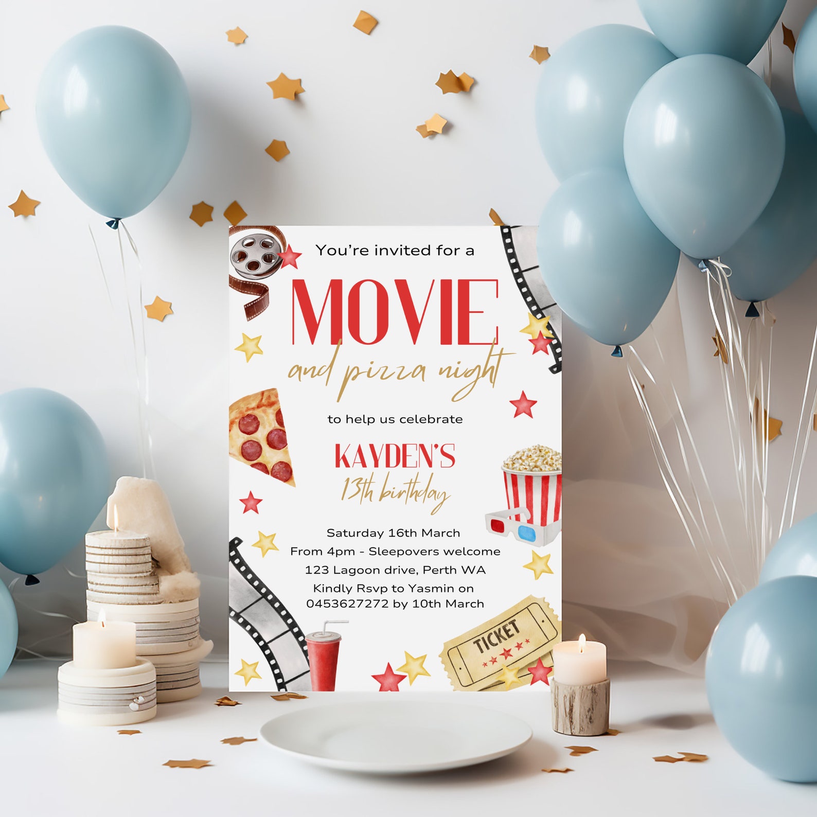 Pizza and Movie Night Birthday Party Invitation, Popcorn and Movie ...