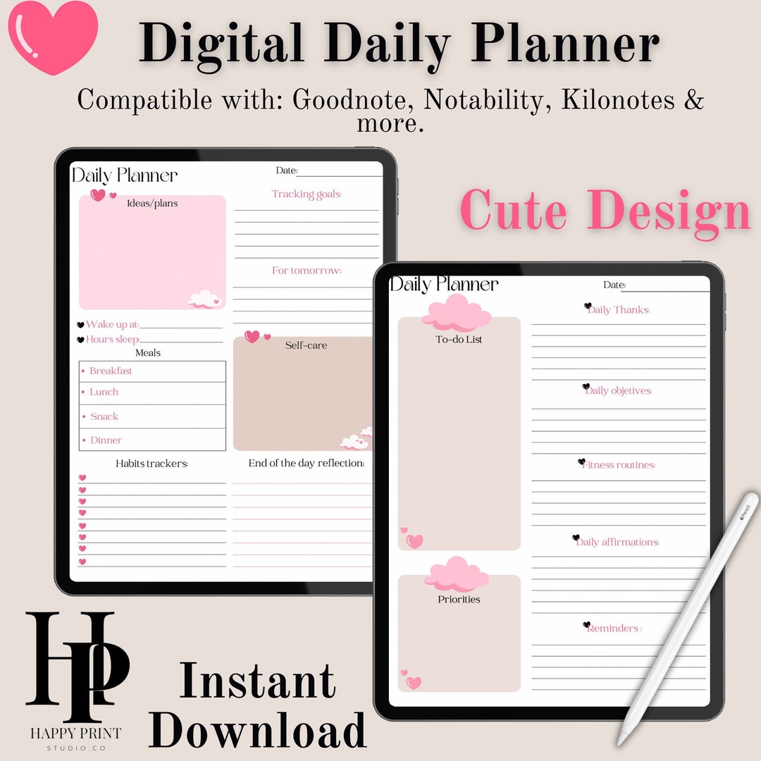 Cute Pink Digital Daily Planner, Goodnotes Template, Productivity ...