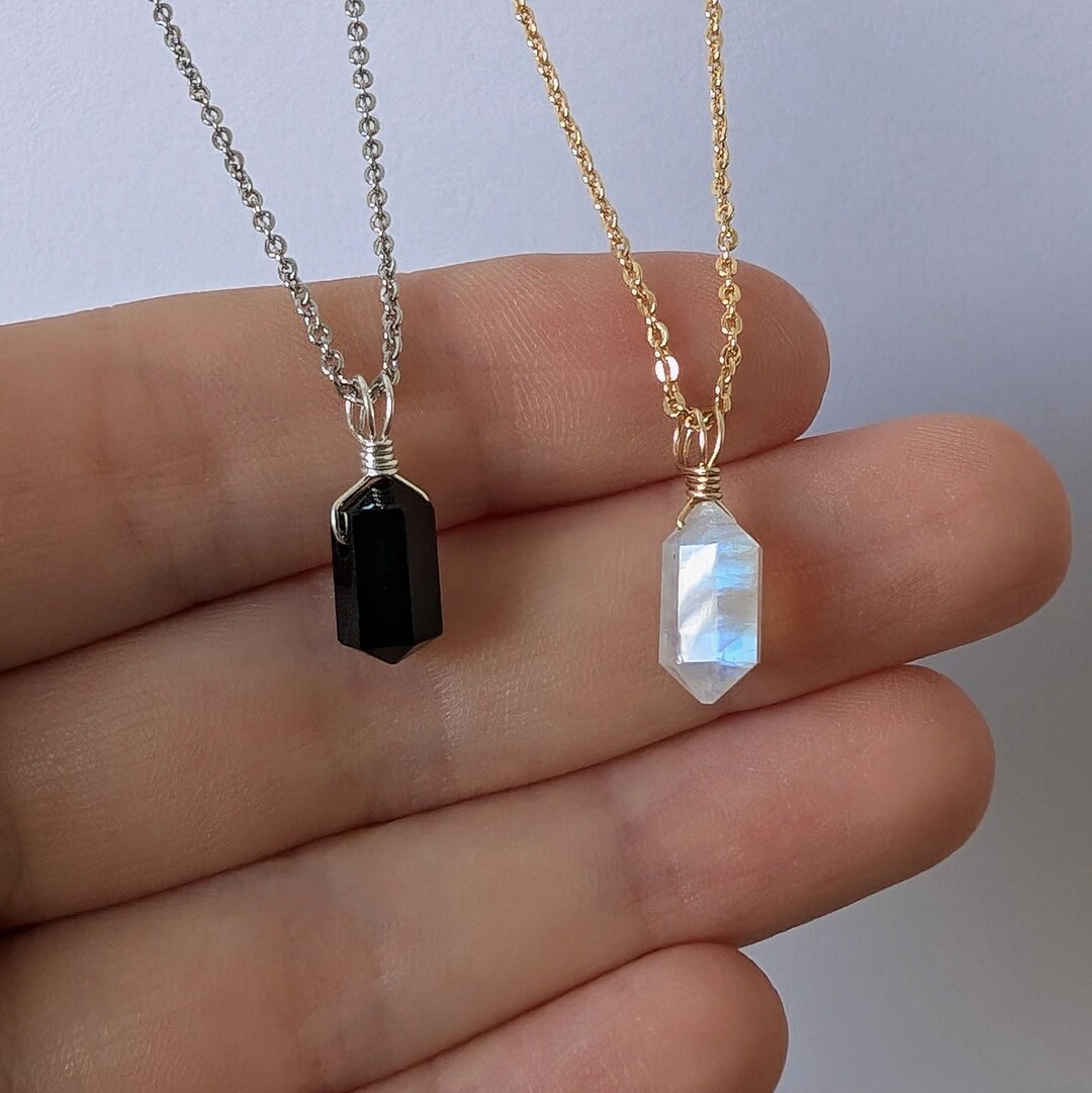 Gemstone Necklace, Double-pointed Rainbow Moonstone Necklace, Black ...