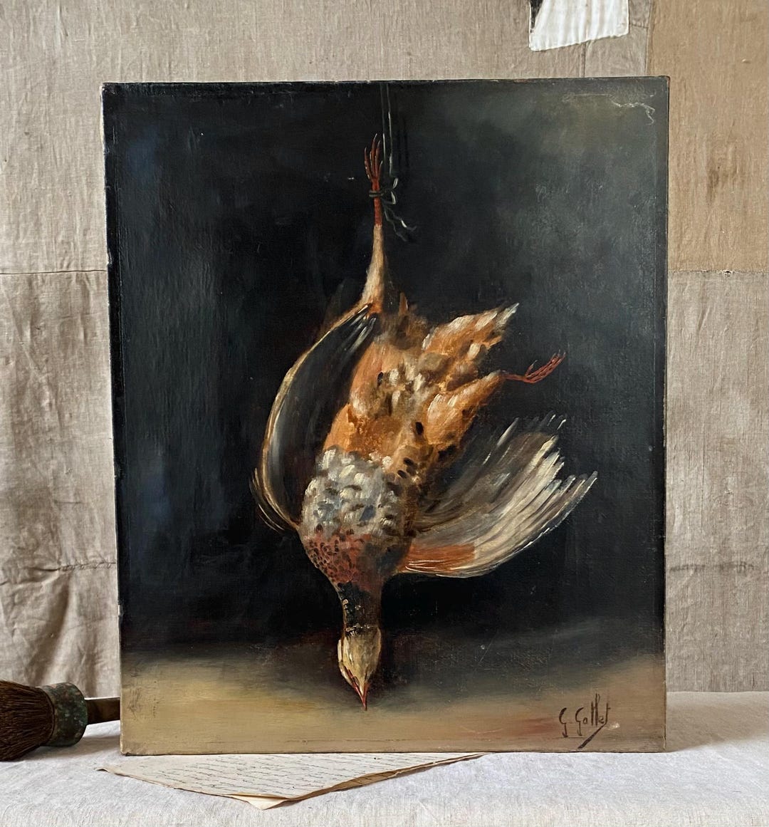 Antique French Original Oil on Canvas, Still Life, Return From the Hunt ...