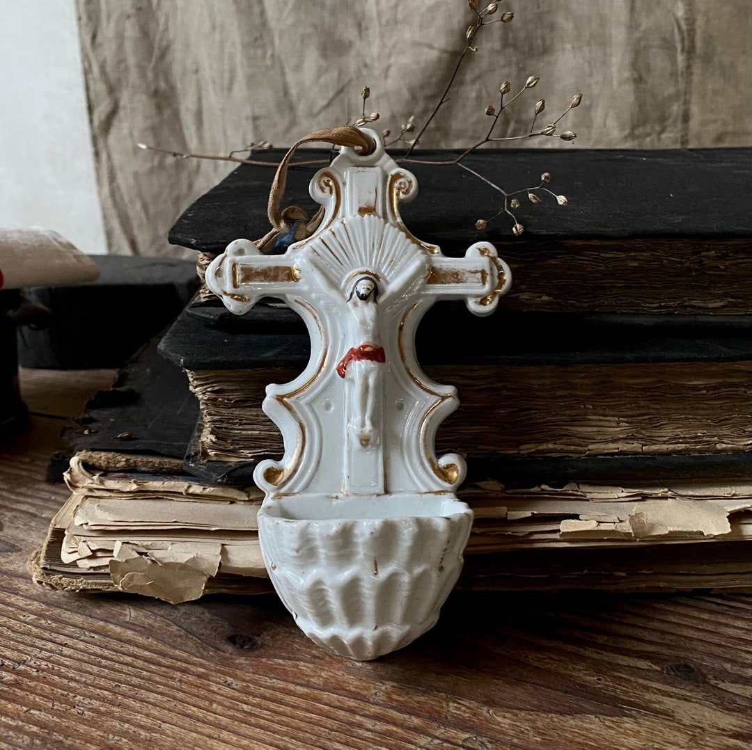Antique French White Porcelain Stoup With Christ on the Cross. Vintage ...