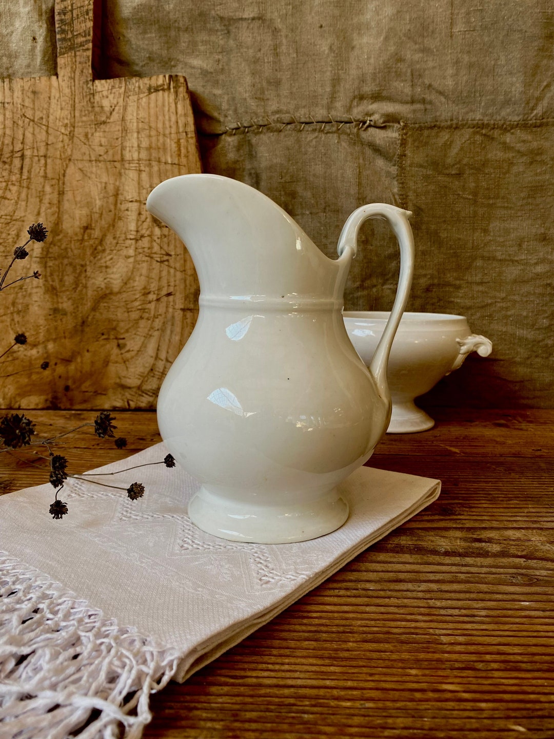 Antique French White Round-bellied Jug . Vintage Ironstone - Etsy