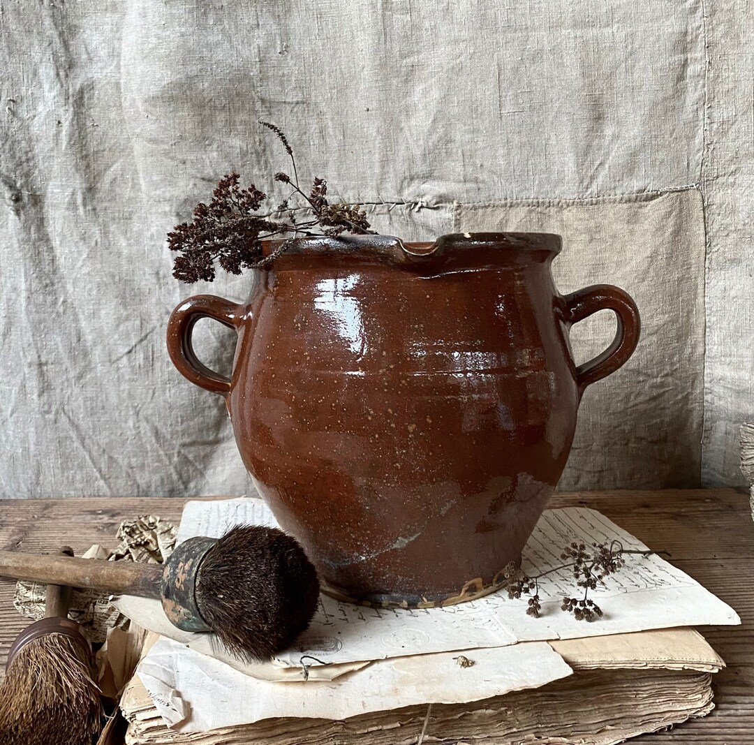 Vintage French Glazed Terracotta Pot, Earthenware Pot. Rustic Pot ...