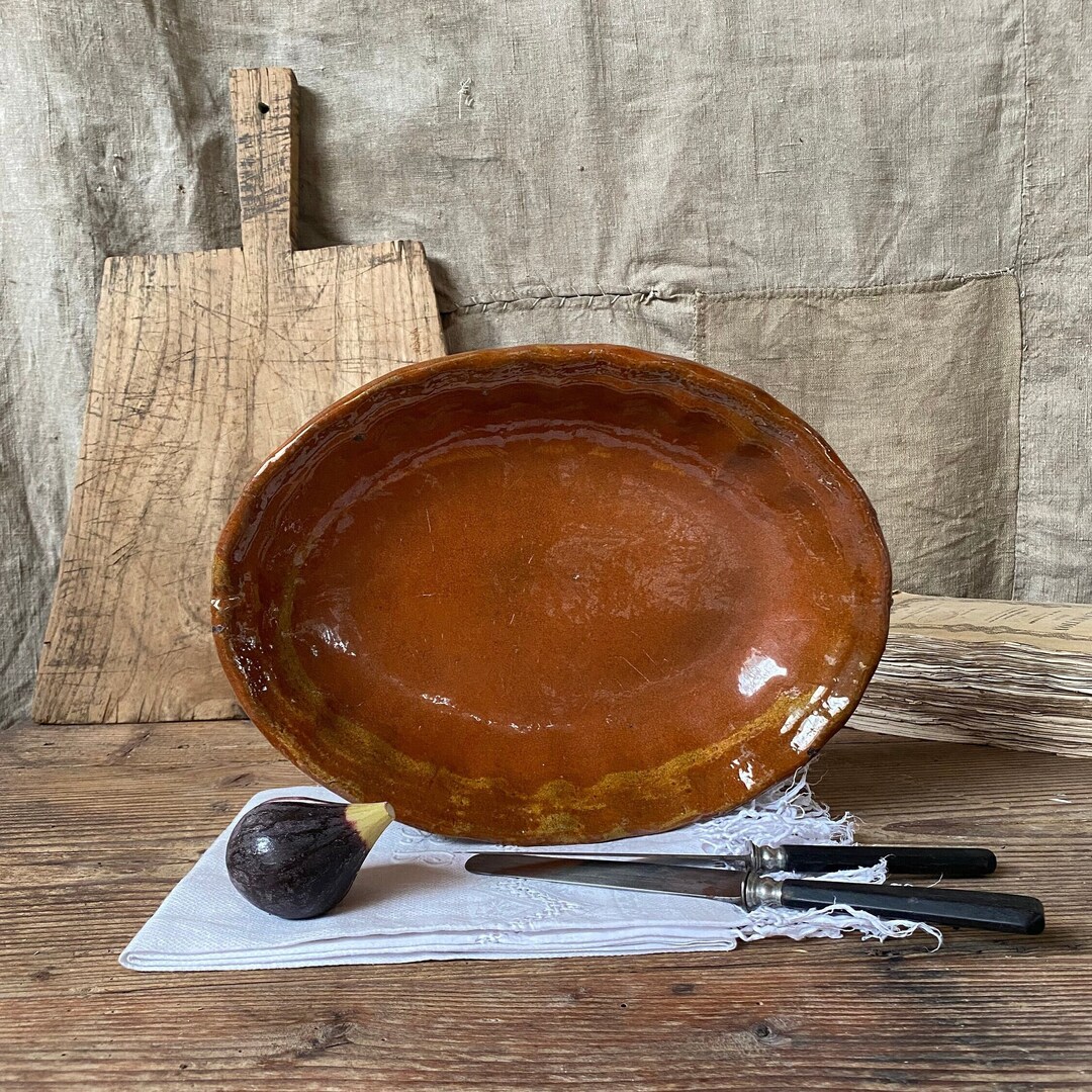 Antique French Provencal Cooking Dish, Glazed Terracotta, Enamelled ...