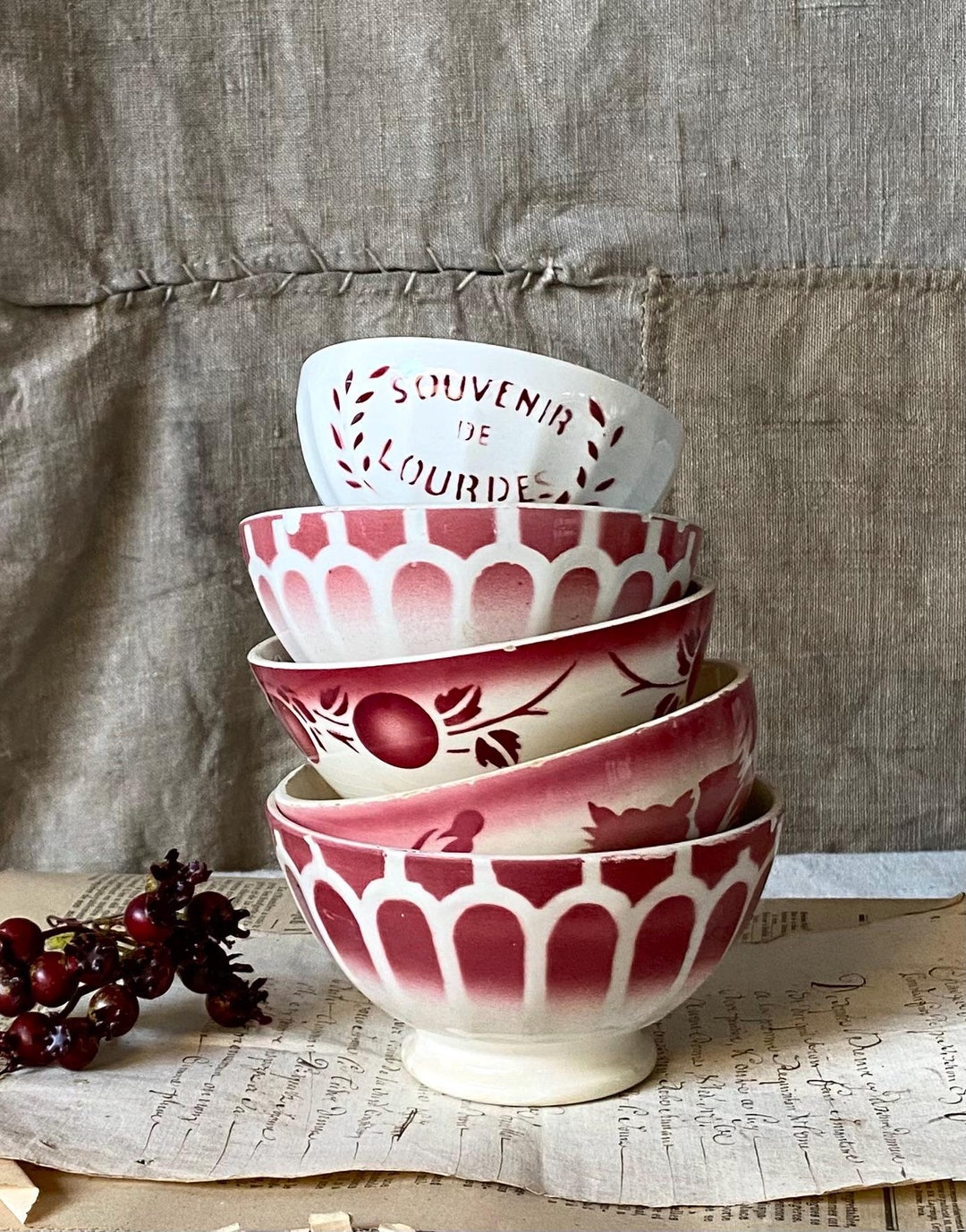 Antique French Suite of 5 Antique Red Bowls, Late 19th Century ...