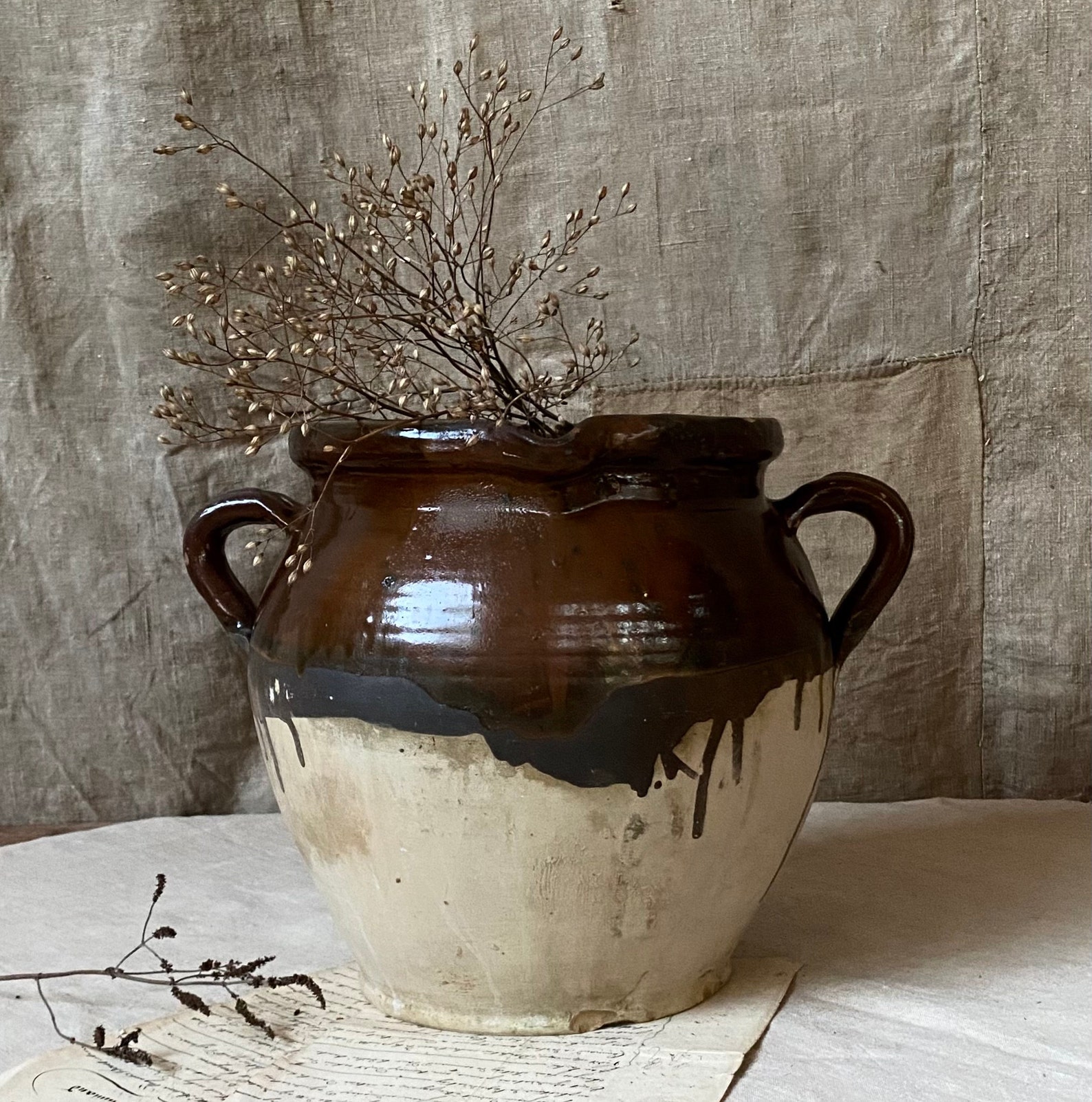 Vintage French XXL Glazed Terracotta Pot, Earthenware Pot. Confit Pot ...